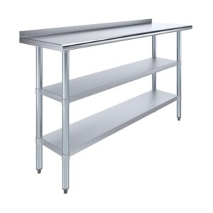 amgood stainless steel work table with 1.5" backsplash and 2 shelves | metal kitchen food prep table | nsf (60" long x 18" deep)