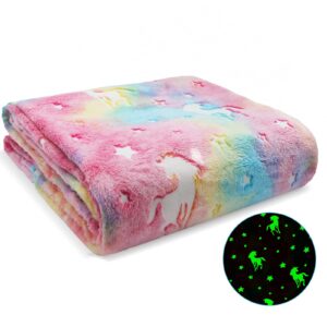 ranedo glow in the dark blanket 60" x 75", unicorn throw blanket kids cozy blanket flannel fleece blanket, all seasons blanket christmas holiday birthday gifts for teen kids girls boys, pink