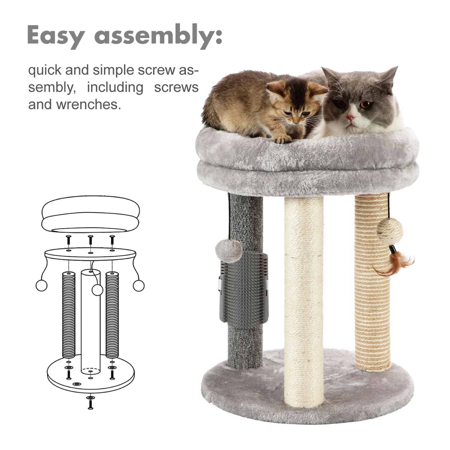 MECOOL 4in1 Small Cat Tree,Scratching Post with Tower Soft Cat Bed, Sisal Carpet Jute Posts with Three Hanging Ball Toys and Massage Brush for Indoor Cats and Kittens