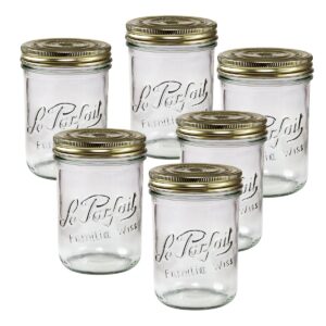 le parfait familia wiss terrine wide mouth french glass jar w/airtight 2-piece system gold lids | ideal for food storage, canning, meal prep, cake jar & diy crafts | 24oz pint/half (pack of 6) 750ml