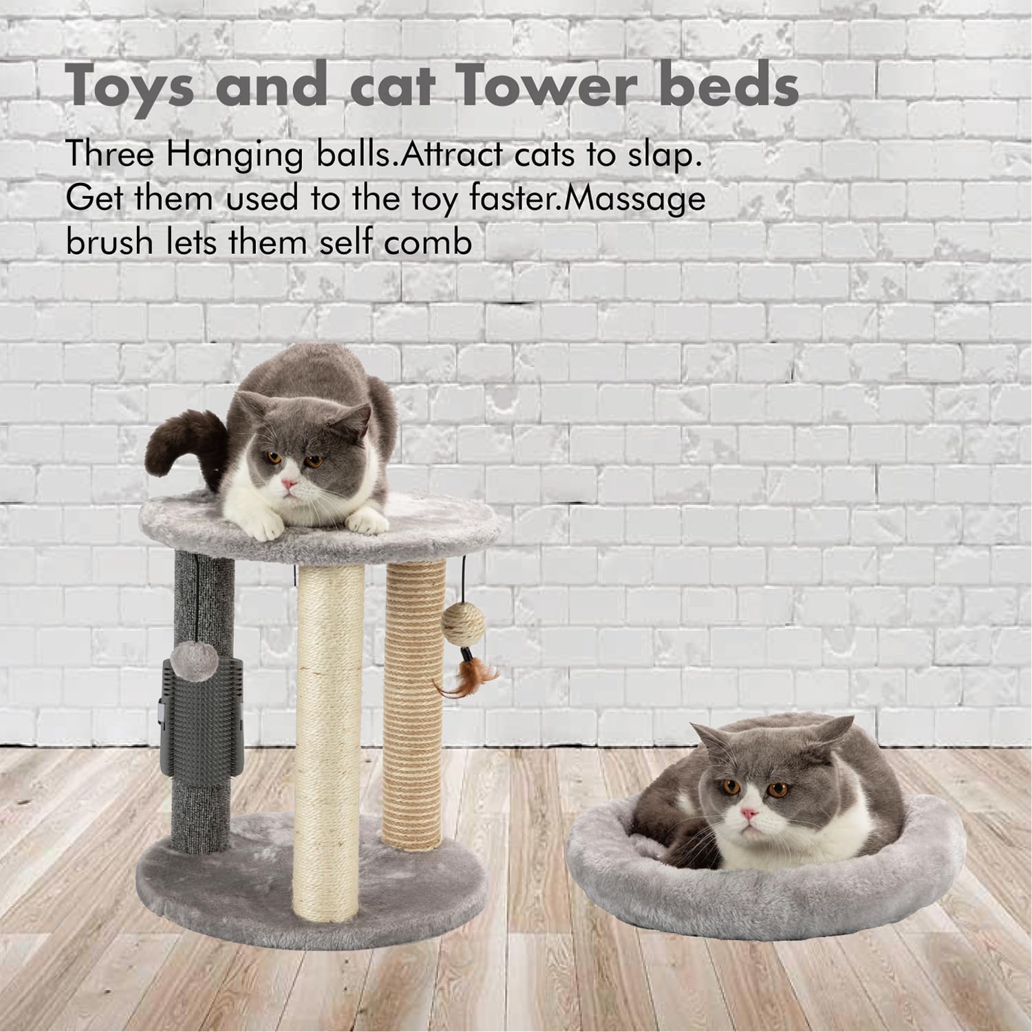 MECOOL 4in1 Small Cat Tree,Scratching Post with Tower Soft Cat Bed, Sisal Carpet Jute Posts with Three Hanging Ball Toys and Massage Brush for Indoor Cats and Kittens