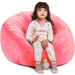 bean bag chair cover, stuffed animal storage, plush toys organizer holder, beanbag chairs cover for kids teans and adults super soft and comfortable fabric x-large with handle and zipper -round pink