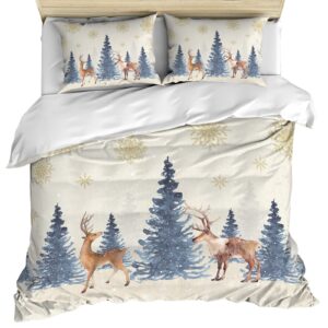 christmas elk duvet cover set 3 pieces with zipper closure, navy blue ombre xmas tree bedding sets 1 duvet cover & 2 pillow cases, deer winter snowflake comforter cover set duvet cover california king