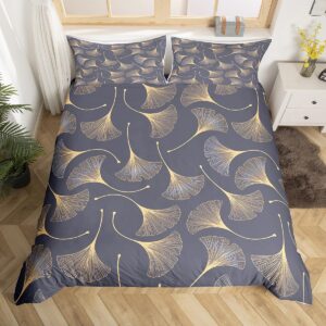 ginkgo leaf duvet cover set king size,rustic leaves autumn plant comforter cover with 2 pillowcases bedspread,nature botanical grey golden microfiber quilt cover for adult women,3 pcs