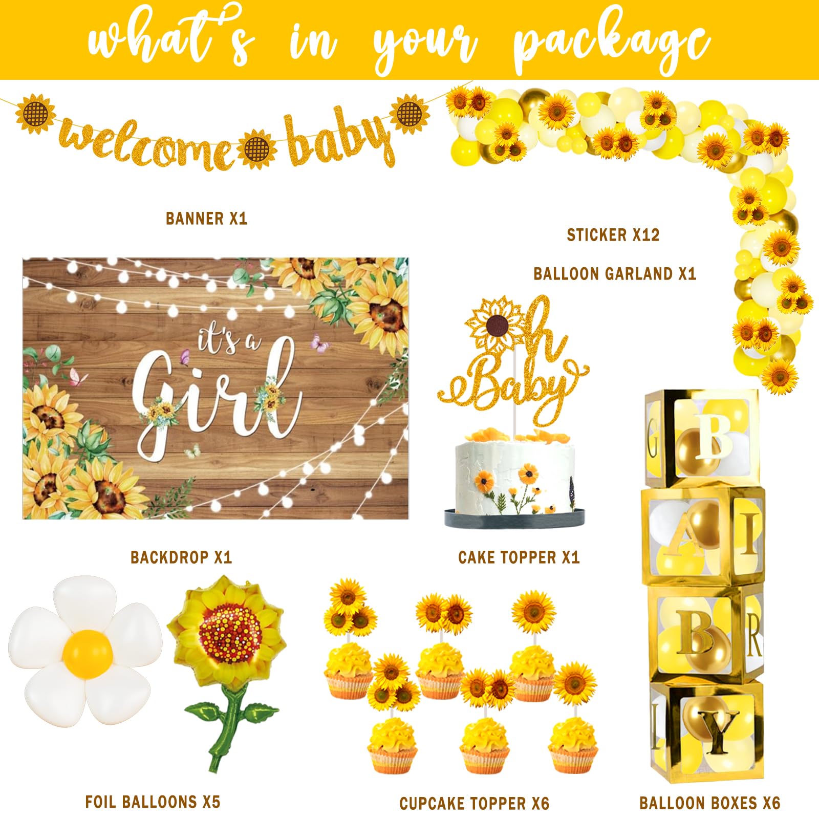 Hombae Sunflower Baby Shower Decorations, Baby Shower Decorations, Sunflower Themed Balloon It’s a Girl Backdrop Welcome Baby Glitter Banner Box Cutouts Cake Topper Daisy Sunflower Gold Yellow