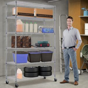 niamvelo storage shelves heavy duty 6 tier wire shelving unit with wheels adjustable nsf metal wire shelf 48" l×18" w×82" h garage shelves 2100 lbs weight capacity multifunctional storage rack, chrome