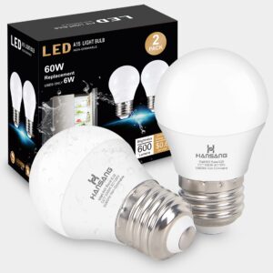 hansang refrigerator light bulb e26 base, 60watt equivalent, 5000k daylight, watreproof appliance fridge bulbs, a15 led small light bulb frigidaire freezer bulbs, 120v, 600lm, 2 pack, non-dimmable