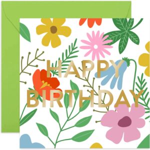 old english co. wild flower meadow happy birthday card - gold foil vivid green foliage greeting card for him or her | stylish for friends and family | blank inside & envelope included