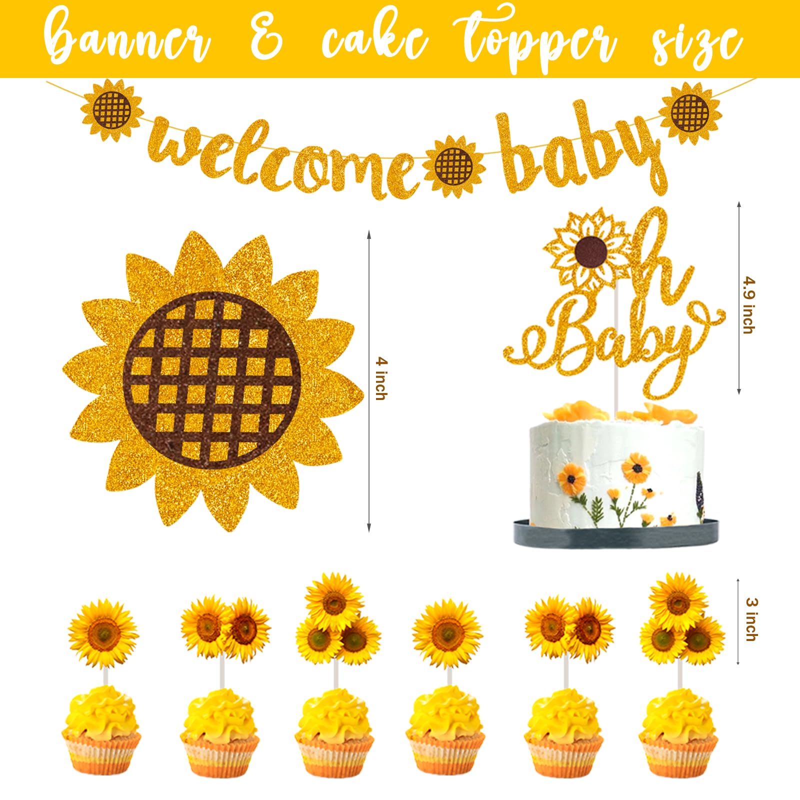 Hombae Sunflower Baby Shower Decorations, Baby Shower Decorations, Sunflower Themed Balloon It’s a Girl Backdrop Welcome Baby Glitter Banner Box Cutouts Cake Topper Daisy Sunflower Gold Yellow