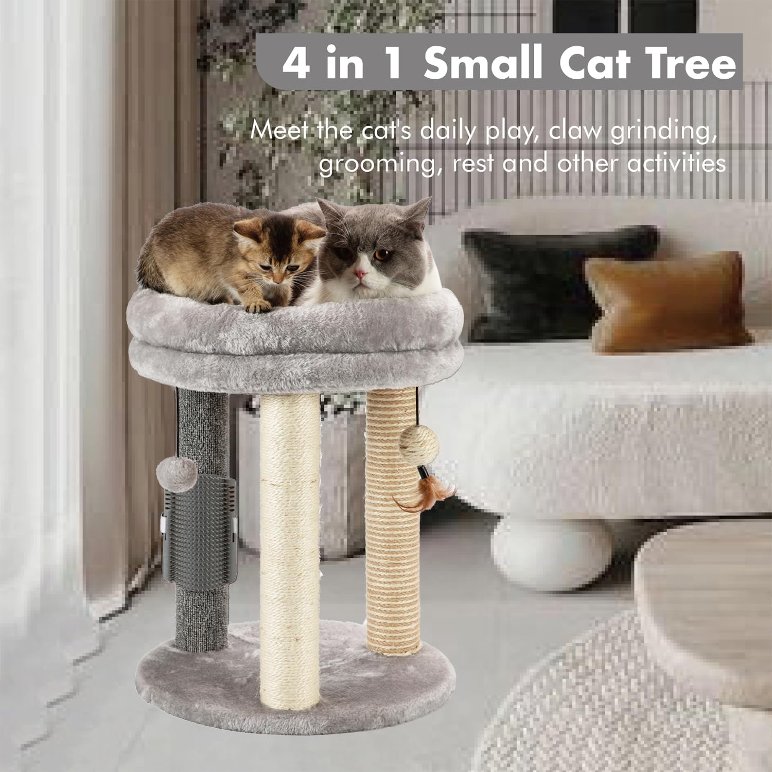 MECOOL 4in1 Small Cat Tree,Scratching Post with Tower Soft Cat Bed, Sisal Carpet Jute Posts with Three Hanging Ball Toys and Massage Brush for Indoor Cats and Kittens