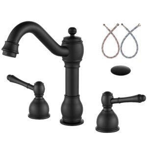 aolemi matte black 8 inch 3 holes widespread bathroom sink faucet doubel lever handle vanity basin mixer tap with pop up drain assembly deck mount