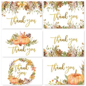 anydesign 30 pack fall gold foil thank you cards bulk watercolor maple leaves pumpkin greeting cards with envelopes stickers blank note cards for autumn thanksgiving baby shower