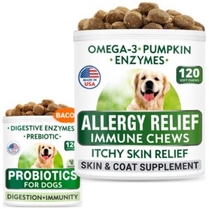 allergy relief + dog probiotics chews bundle - itchy skin relief + upset stomach relief - omega 3, pumpkin, enzymes, prebiotics - seasonal allergies + improve digestion - 120 + 120 chews - made in usa