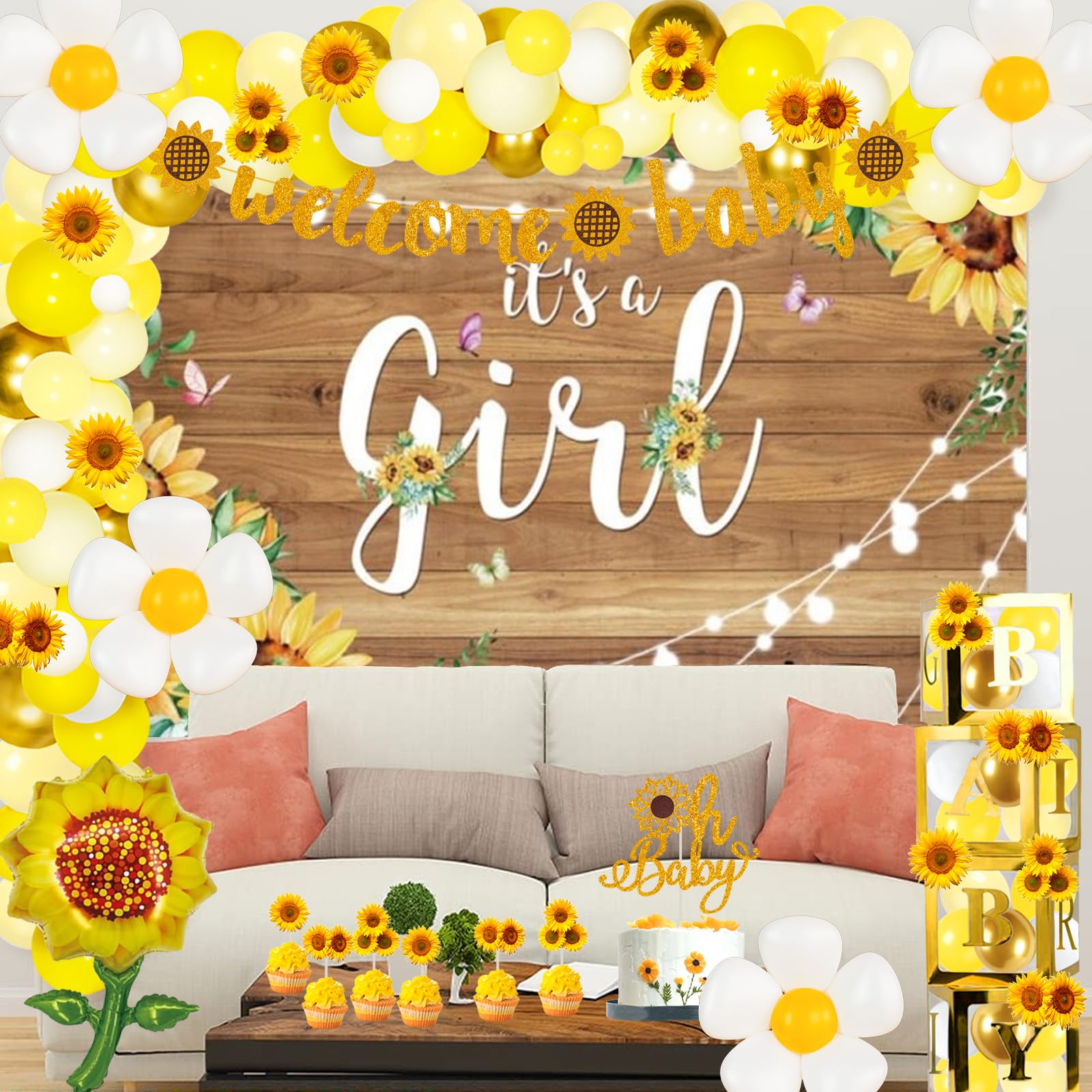 Hombae Sunflower Baby Shower Decorations, Baby Shower Decorations, Sunflower Themed Balloon It’s a Girl Backdrop Welcome Baby Glitter Banner Box Cutouts Cake Topper Daisy Sunflower Gold Yellow