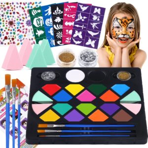 bobisuka face painting kit for kids - 16 colors water based body face paint includes brushes,sponges,glitters,gem sheet,instructions,stencils for halloween party costume sfx makeup