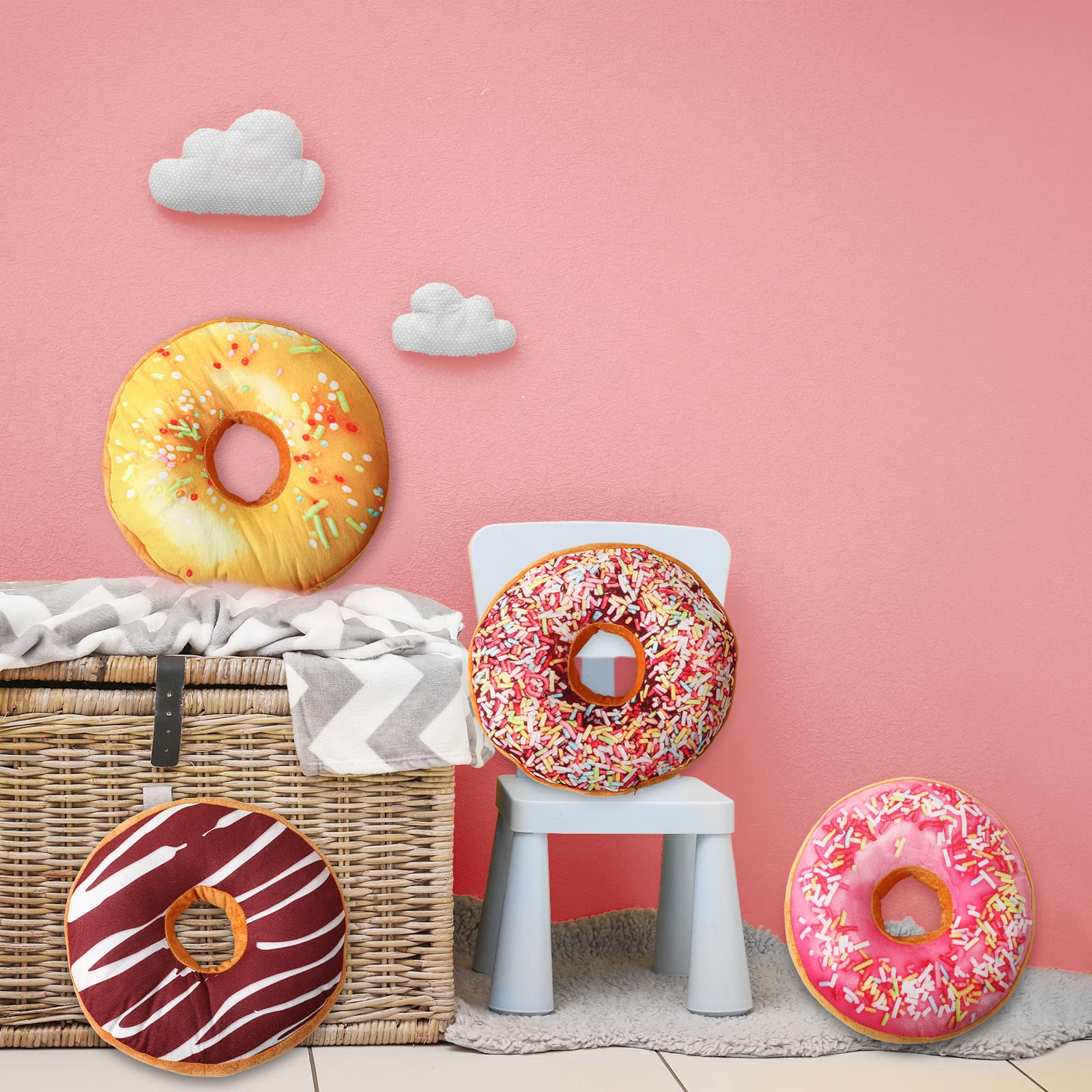 4 Pcs Donut Pillow 3D Digital Print Round Throw Pillow 16 Inches Donut Seat Back Stuffed Cushion Funny Decorative Soft Plush Food Stuffed Decor Seat Pad Cushion for Couch Chair Floor Sofa, 4 Styles