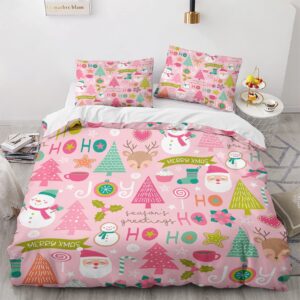 pink christmas duvet cover twin size set - kids girls christmas bedding bedroom decor, comforter cover & 1 pillowcase 2 pieces - cartoon santa theme, new year, lovely home collection quilt cover