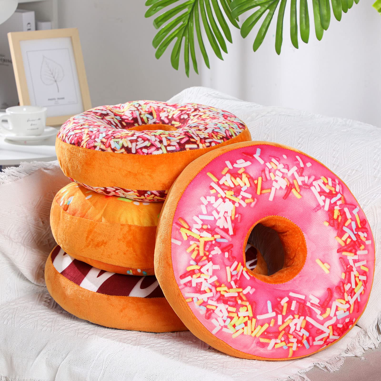 4 Pcs Donut Pillow 3D Digital Print Round Throw Pillow 16 Inches Donut Seat Back Stuffed Cushion Funny Decorative Soft Plush Food Stuffed Decor Seat Pad Cushion for Couch Chair Floor Sofa, 4 Styles