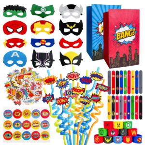 113pcs superhero party favor supplies -reusable drinking straws masks&slap bracelets candy bags&superhero stickers gifts for kids birthday superhero themed party favors birthday decorations