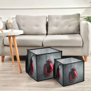 Poeticcity Red Boxing Gloves Hanging on Wall as Retirement Concept Square Storage Basket Bin, Collapsible Storage Box, Baskets Organizer for Toy, Clothes Easy to Assemble 10.6x10.6x10.6 in