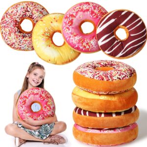 4 pcs donut pillow 3d digital print round throw pillow 16 inches donut seat back stuffed cushion funny decorative soft plush food stuffed decor seat pad cushion for couch chair floor sofa, 4 styles