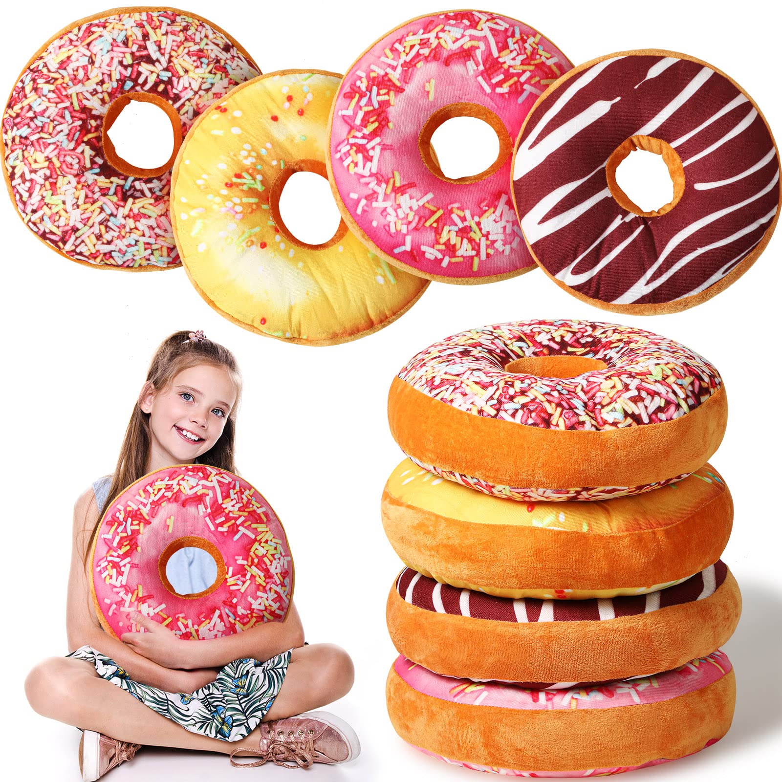 4 Pcs Donut Pillow 3D Digital Print Round Throw Pillow 16 Inches Donut Seat Back Stuffed Cushion Funny Decorative Soft Plush Food Stuffed Decor Seat Pad Cushion for Couch Chair Floor Sofa, 4 Styles