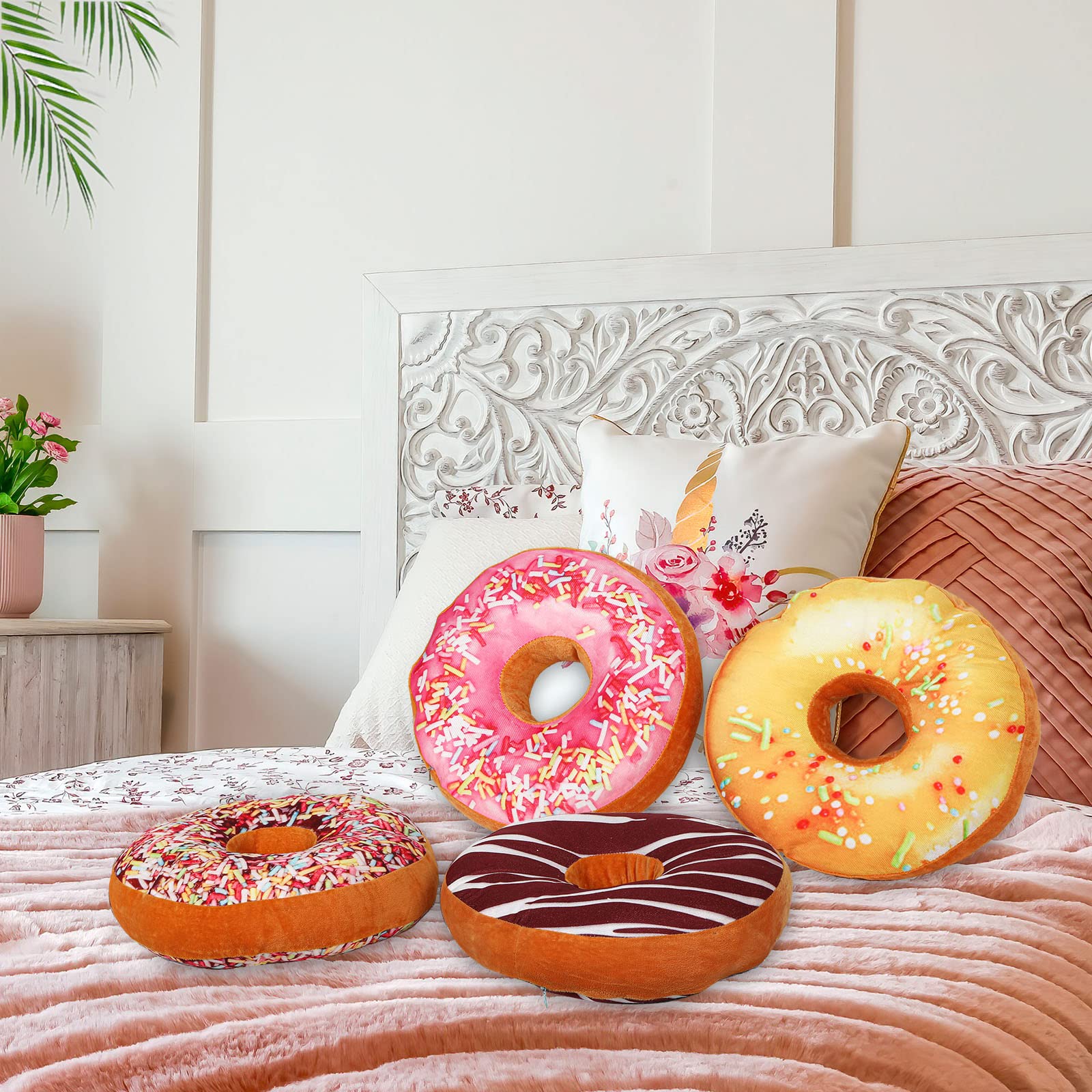 4 Pcs Donut Pillow 3D Digital Print Round Throw Pillow 16 Inches Donut Seat Back Stuffed Cushion Funny Decorative Soft Plush Food Stuffed Decor Seat Pad Cushion for Couch Chair Floor Sofa, 4 Styles