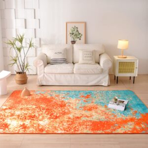 aimuan unique modern & vibrant abstract area rug for any home décor 5 ft x8 ft orange/aqua faux fur flannel soft carpet with retro artwork watercolor patterns velvet mats (orange-aqua,5'x8')