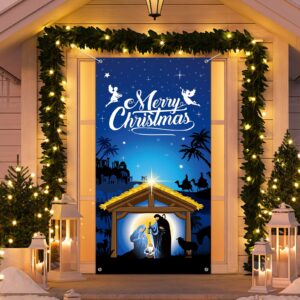 nativity christmas door cover decorations, jesus holy night christmas fabric door decorations porch sign nativity scene outdoor religious front door hanging backdrop for holiday christmas 71x35 inch