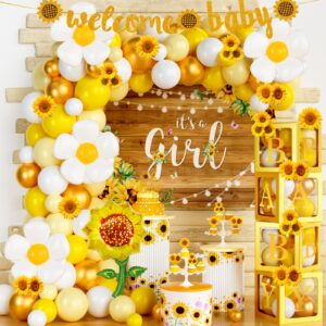 hombae sunflower baby shower decorations, baby shower decorations, sunflower themed balloon it’s a girl backdrop welcome baby glitter banner box cutouts cake topper daisy sunflower gold yellow