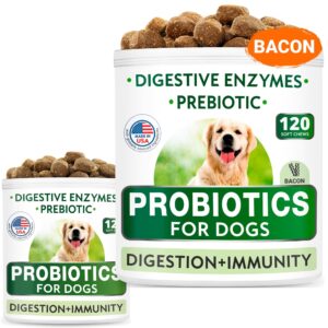 dog probiotics chews bundle - gas, diarrhea, allergy, constipation, upset stomach relief - digestive enzymes + prebiotics - improve digestion - 120 + 120 chews - chicken + bacon flavor - made in usa