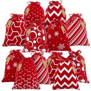 mimind 12 pieces christmas drawstring gift bags red and white cotton fabric christmas gift bags with drawstring 12 x 10 inch christmas party favor bags for christmas party supplies, 6 designs