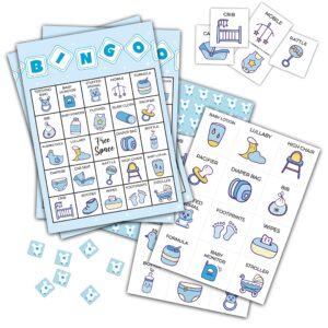 levitatinyear baby shower bingo game, gender reveal themed party games with 24 players, blue baby shower/gender reveal/pregnancy announcement party supplies activities