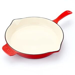 lava enameled cast iron ceramic skillet with side drip spouts - 11 inch round frying pan with white ceramic enamel coated interior - edition series (red)