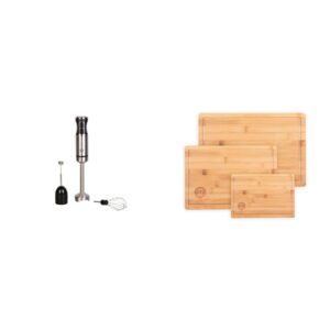 masterchef immersion blender + cutting boards bundle | handheld stainless steel stick emulsifier with attachments + bamboo chopping board set of 3 for kitchen