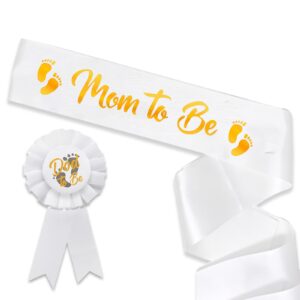 vukasi 2packs baby shower sash decorations mom to be dad to be tinplate badge with gold pattern for girl boy gender baby welcome party white（61.4 x 3.47 inch