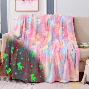 gophralove glow in the dark blanket - unicorn throw blanket birthday gift for girls 3 4 5 6 7 8 9 10 years old - soft cozy fluffy flannel rainbow unicorn blanket 50"x60"