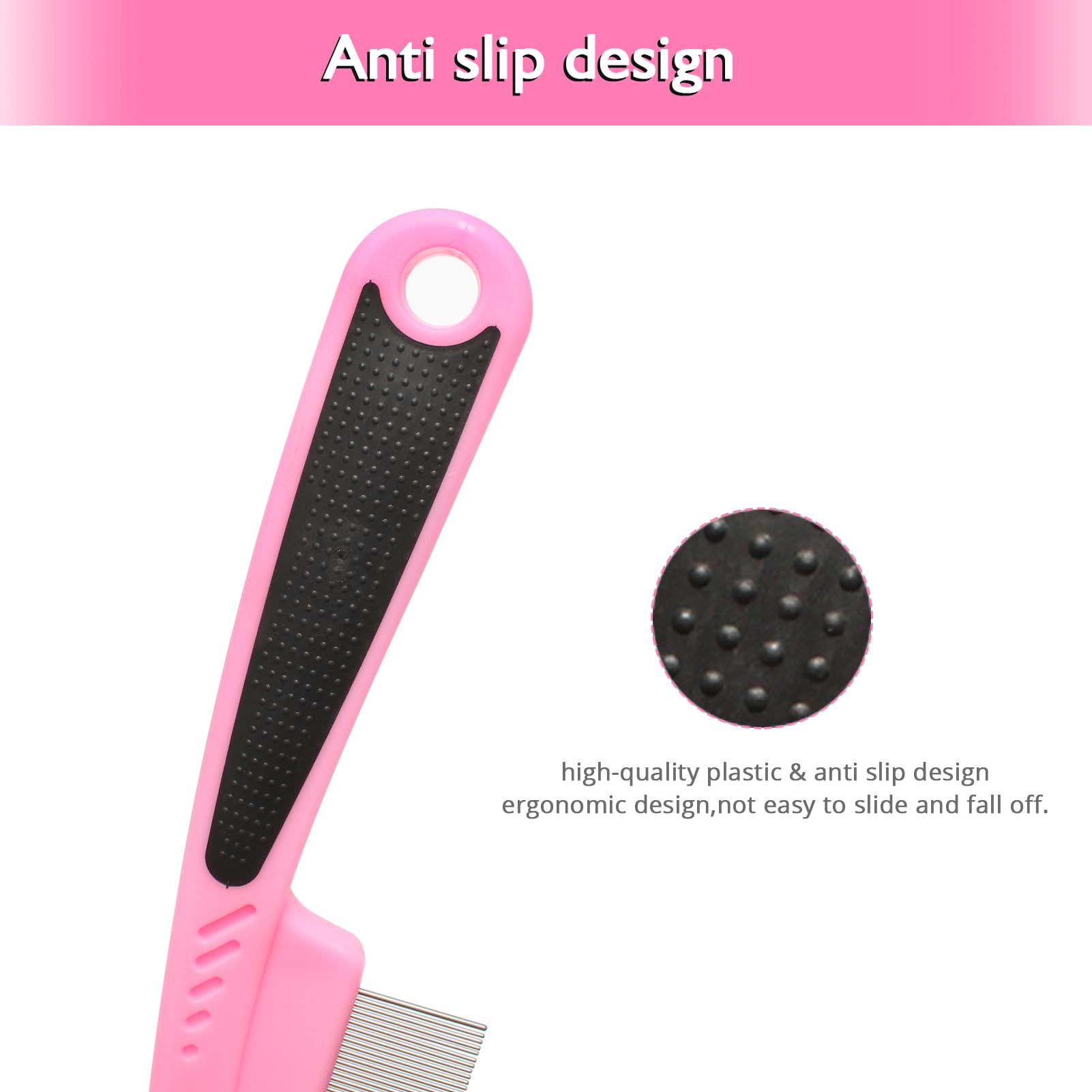 Flea and Lice Comb for Dogs and Cats - Promotes Hair Growth, Removes Loose Hair, Knots, and Flakes - Rubber Handle Brush for Pet Grooming (Pink)