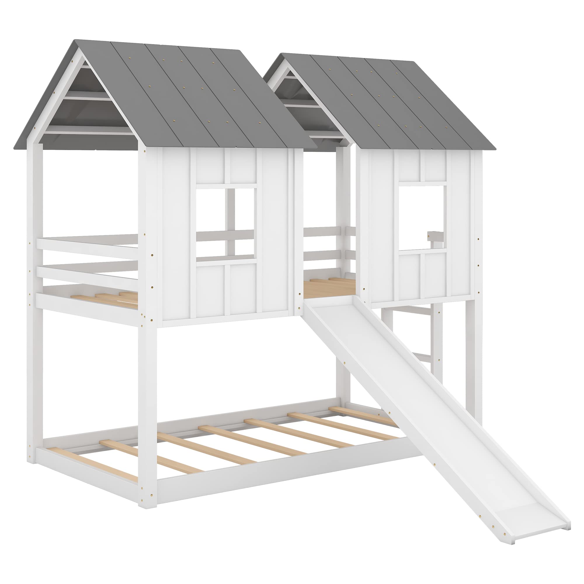 Merax Twin-Over-Twin Wooden House Bunk Bed with Slide, Windows, Ladder and Guardrails, Twin Size White House Bunk Bed