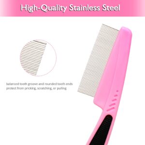 Flea and Lice Comb for Dogs and Cats - Promotes Hair Growth, Removes Loose Hair, Knots, and Flakes - Rubber Handle Brush for Pet Grooming (Pink)