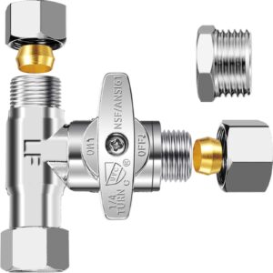 tee stop valve - lead-free add-a-tee valve 3/8"x3/8"x3/8" or 1/2",1/4 turn brass tee connector with built-in sealing gasket for bidet sprayer,second faucet,glass rinser,dishwasher,toilet tank.