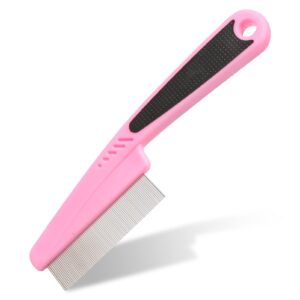 flea and lice comb for dogs and cats - promotes hair growth, removes loose hair, knots, and flakes - rubber handle brush for pet grooming (pink)