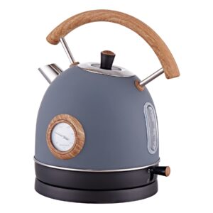 retro electric kettle, 1.7l / 1500w electric tea kettles for boiling water, wood pattern handle blue stainless steel hot water boiler with temperature display, auto shut-off boil-dry protection