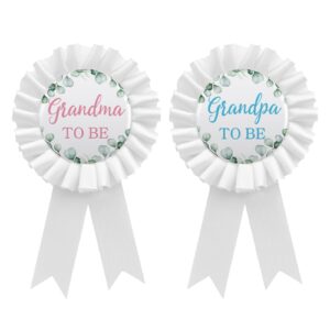 2pcs grandma to be & grandpa to be pins, gender reveals baby shower tinplate badge white corsage pins party decorations - greenery pattern