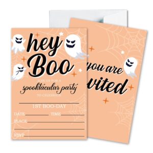 deluxe halloween or costume party invitations, 25 fill-in cards with envelopes, pumpkin, ghost, monster, cute trick or treat, box or treat for kids birthday or adult party - 4"x6" (jrm358)