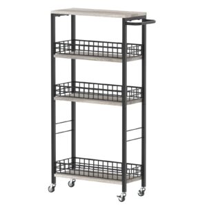 4 tier slim storage cart narrow laundry cart on wheels utility kitchen rolling cart with wood tabletop mobile shelving unit bathroom storage organizer slide out rolling tower for narrow spaces