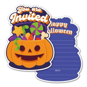 deluxe halloween or costume party invitations, 25 shape fill-in cards with envelopes, pumpkin, ghost, monster, cute trick or treat, box or treat for kids birthday or adult party - 4"x6" (jrm373)