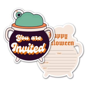 deluxe halloween or costume party invitations, 25 shape fill-in cards with envelopes, pumpkin, ghost, monster, cute trick or treat, box or treat for kids birthday or adult party - 4"x6" (jrm369)