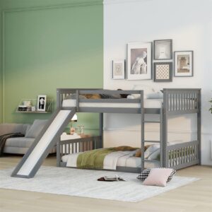 bellemave full over full low bunk bed with slide wood floor bunk beds with ladder for kids boys girls teens, gray