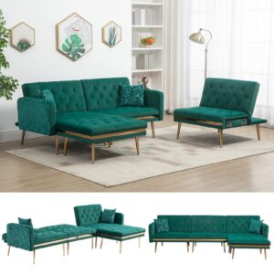 pvillez sectional sofa futon sofa bed convertible sleeper sofa couch w/chaise lounge,ottoman l-shape convertible couches for living room button tufted back velvet couch w/golden legs